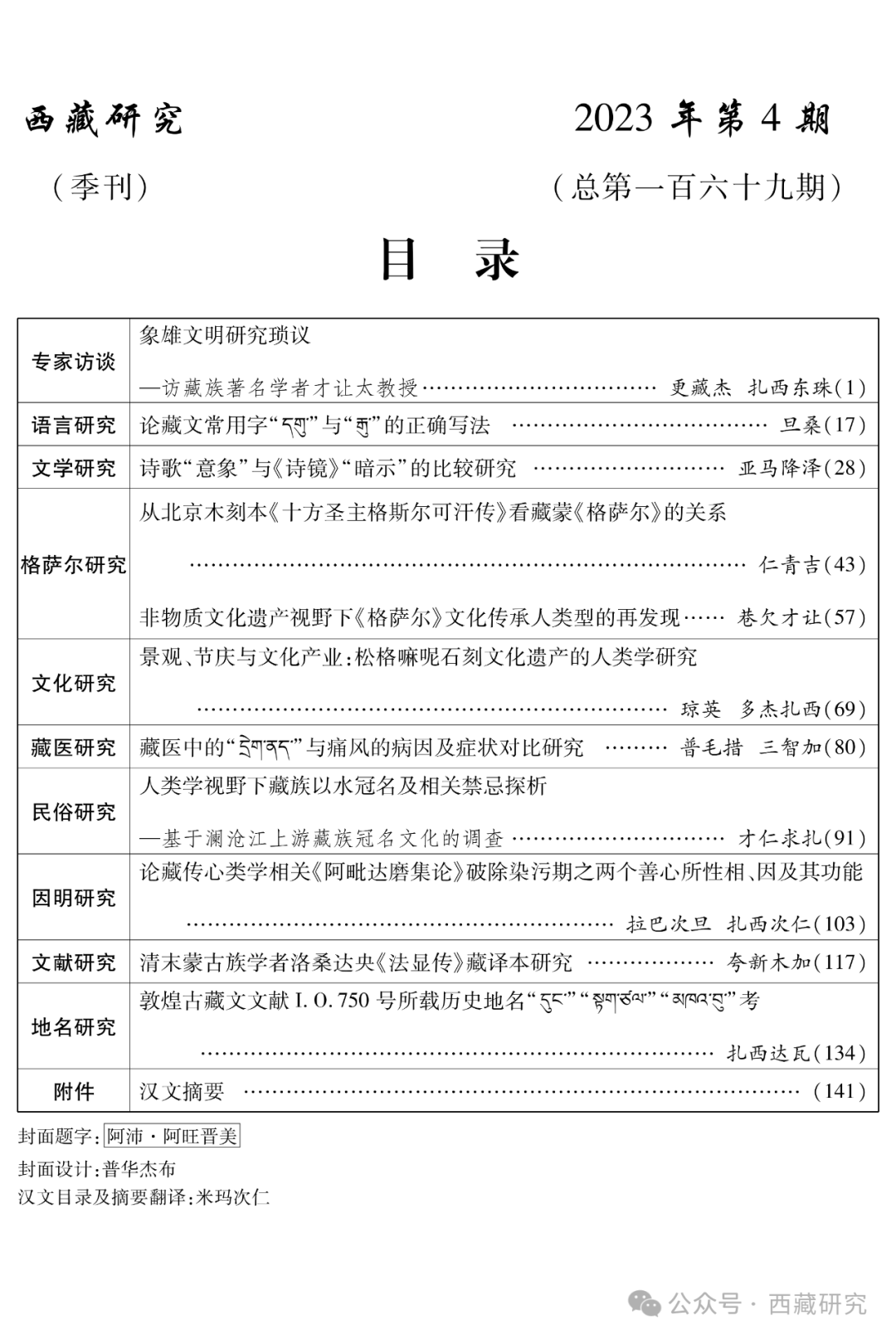 【期刊】《西藏研究》（藏文版）2023年第4期目录